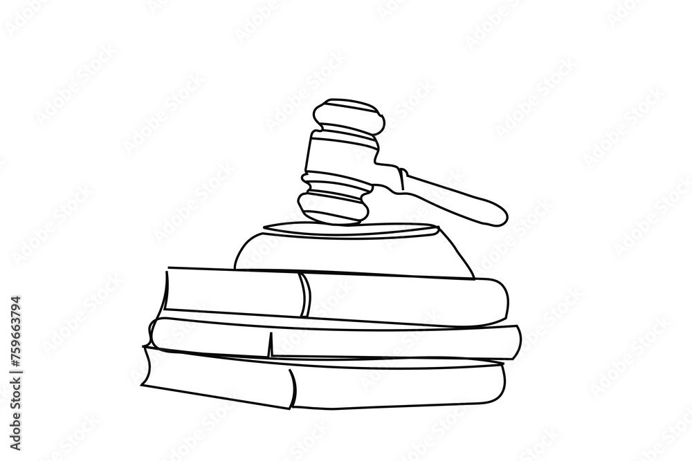 Vetor de Continuous line drawing of judges gavel and books on black and ...