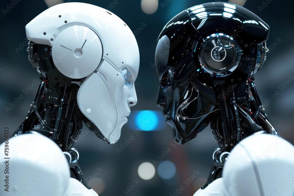 Two futuristic opposite ai robots. Battle of good and bad artificial ...