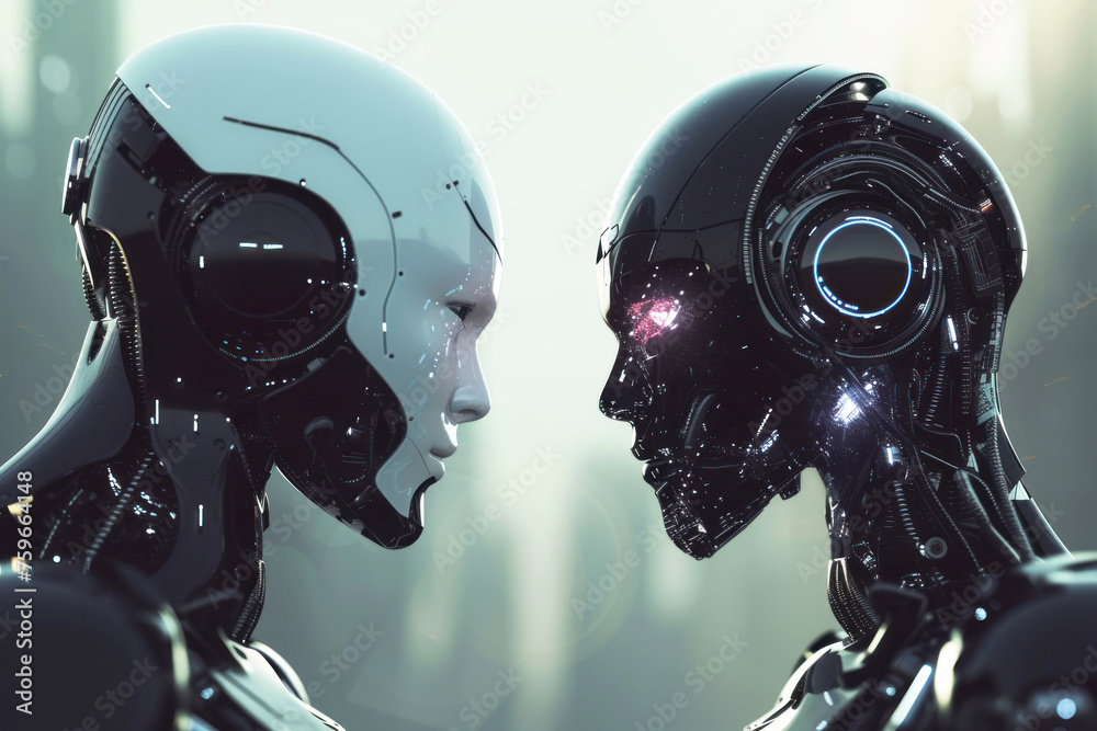Two futuristic opposite ai robots. Battle of good and bad artificial ...