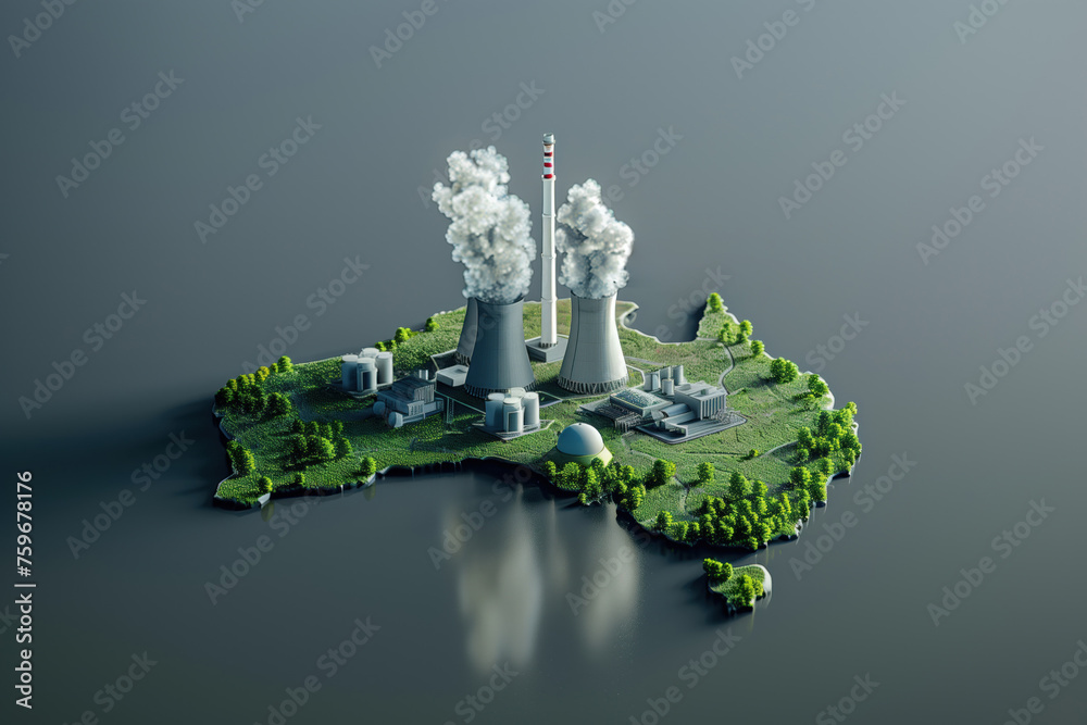 A 3D model representing Australia with nuclear power plant reactors ...