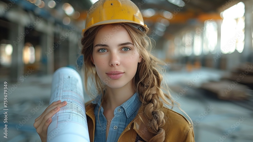 An enthusiastic young female engineer holding architectural plans ...