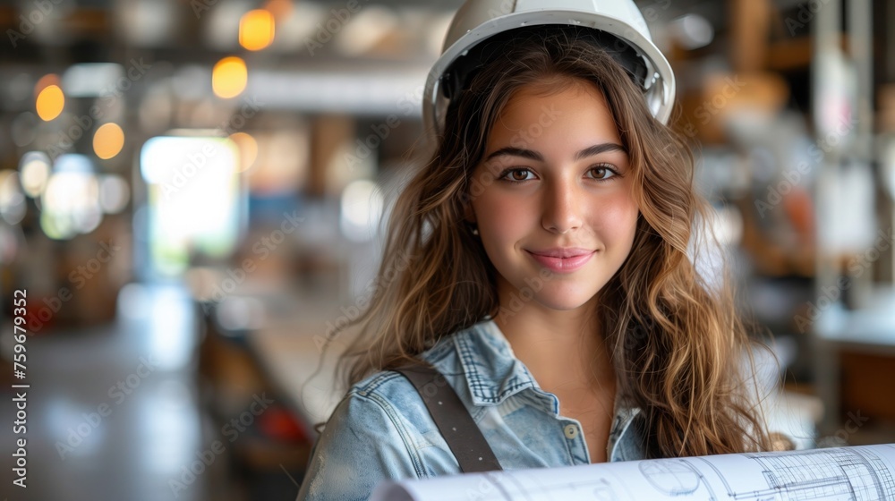 An enthusiastic young female engineer holding architectural plans. dressed in professional ...