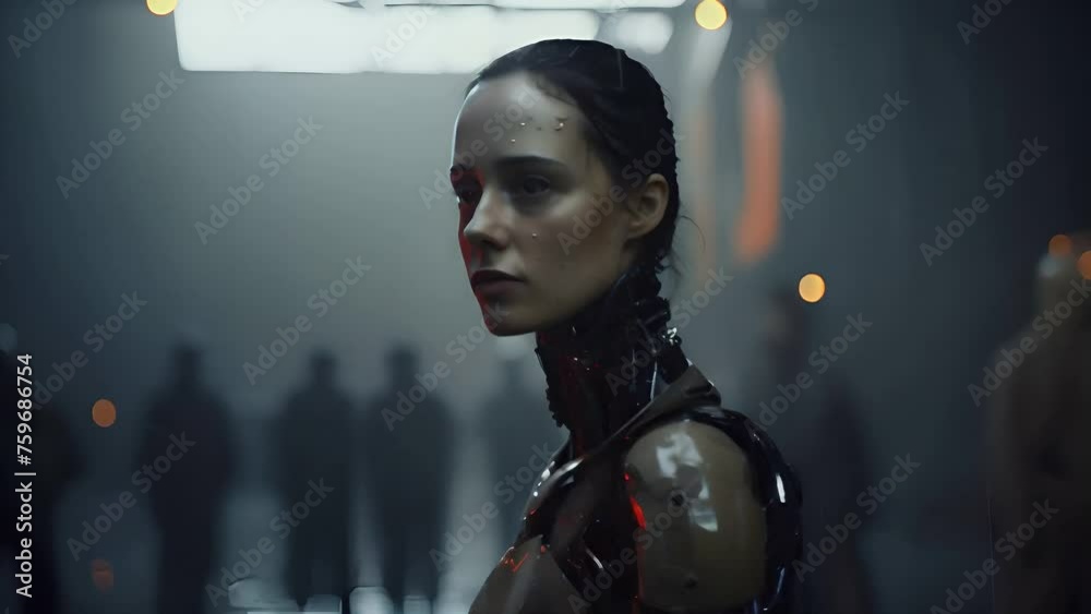 Vidéo Stock A cybernetic woman stands in thoughtful stillness, her ...