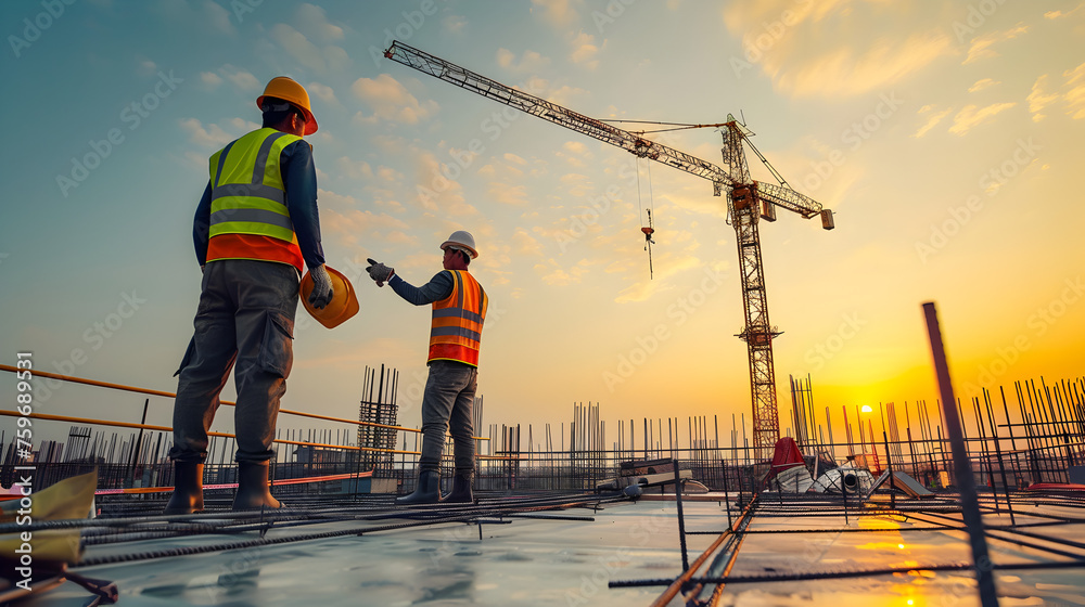 Construction worker wearing safety uniform during working on roof ...