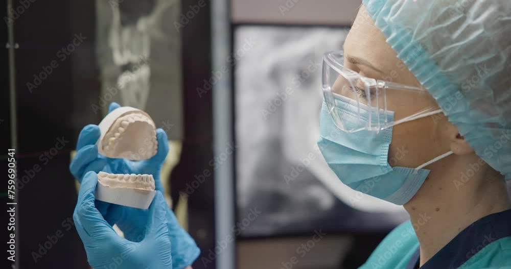Orthopedic dentist doctor holds plaster dental impression of the ...