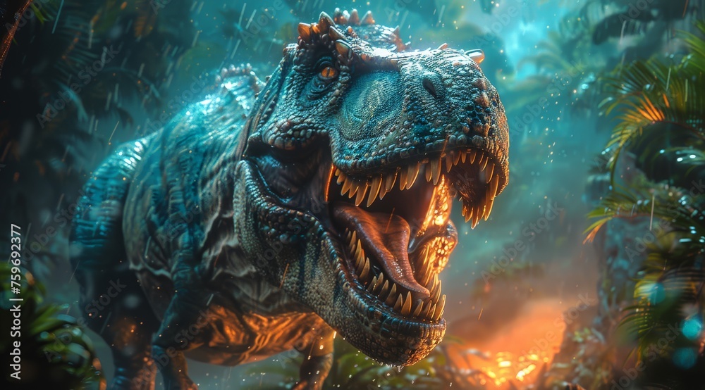 A lifelike T-Rex stands menacingly in a rain-soaked prehistoric jungle ...