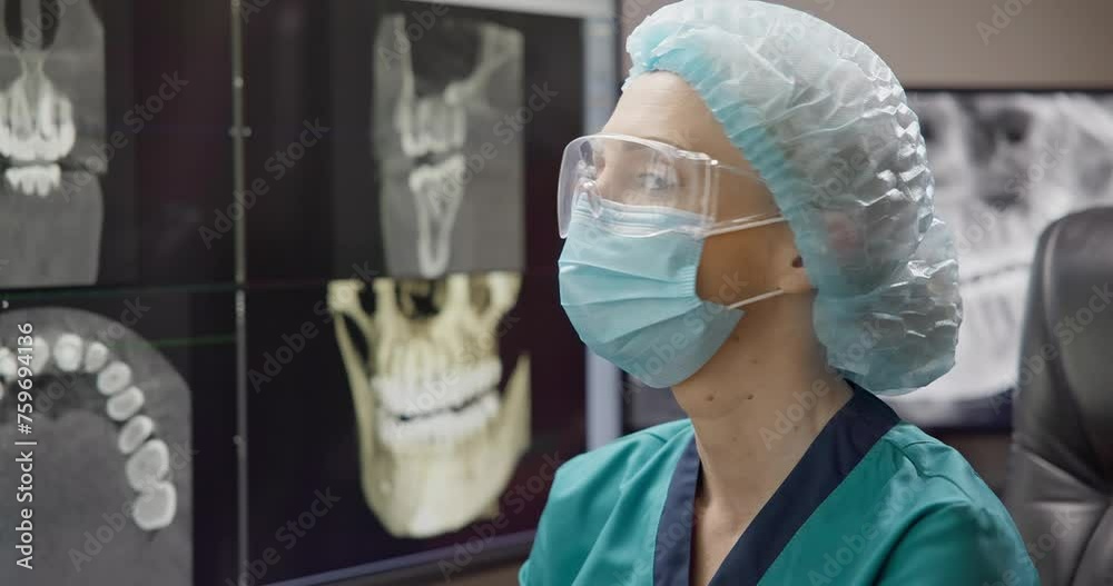 Radiologist Dentist Doctor video portrait at teeth 3D x-ray On Desktop ...