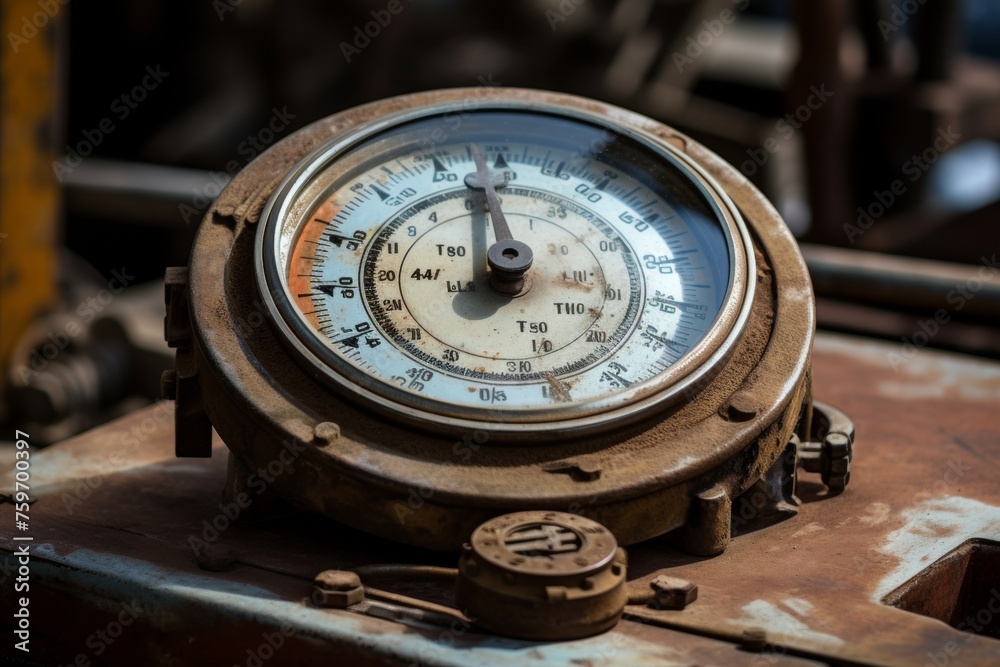 Detailed view of an old-fashioned industrial dial amidst a scene of ...