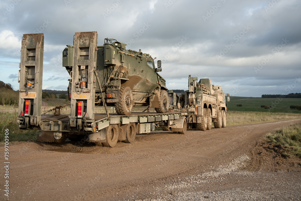 British army Foxhound 4x4-wheel drive protected patrol vehicle on a low ...