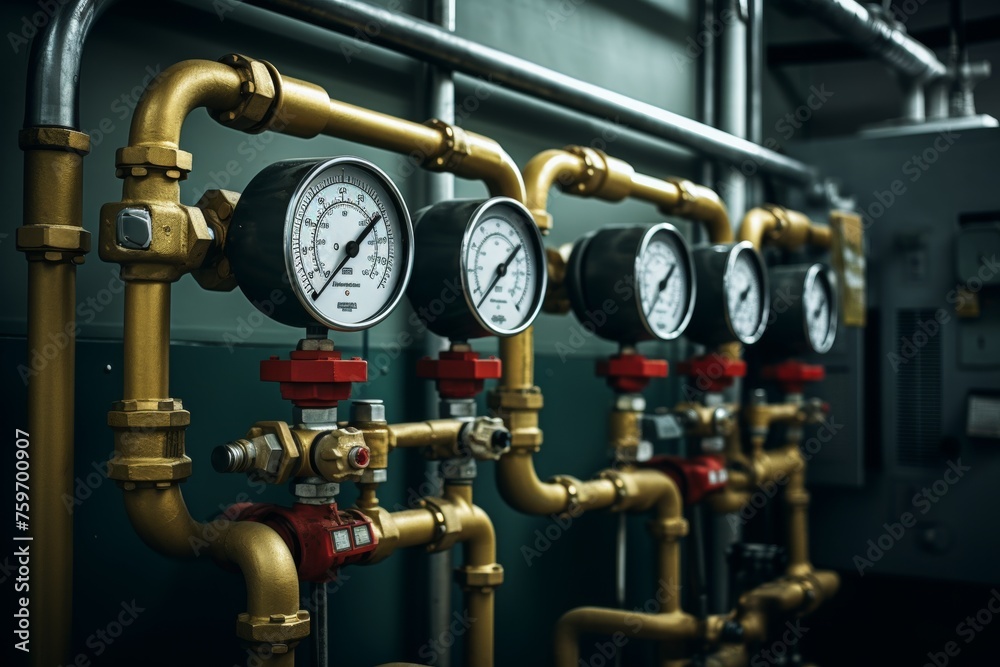 Close-up shot of an engine coolant system in an industrial setting with ...