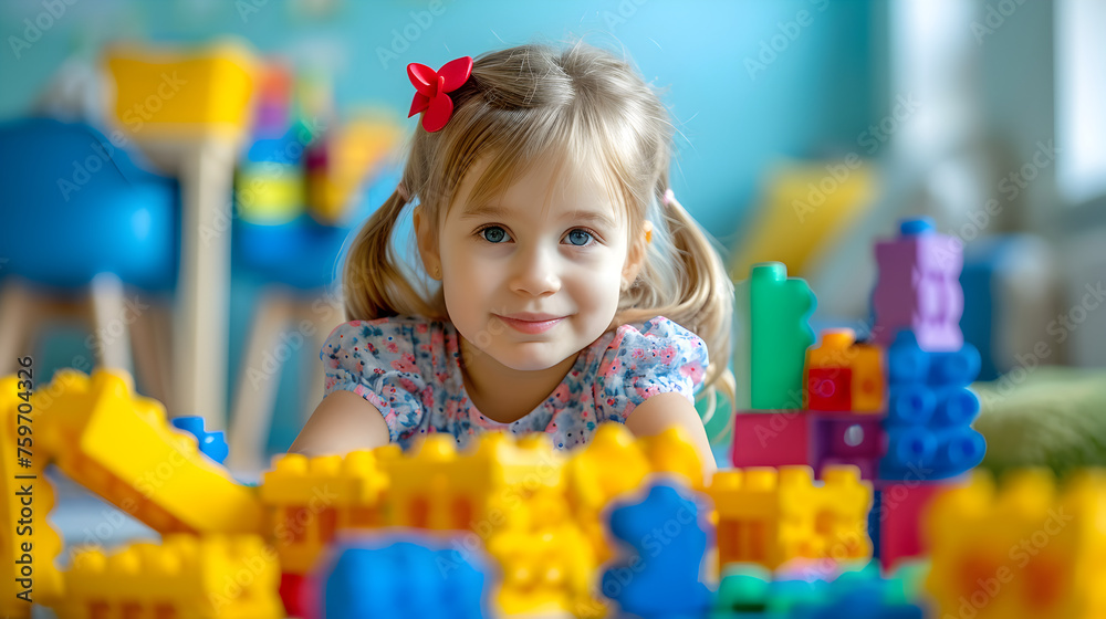 Little girl playing with colorful building blocks. Preschool kid ...