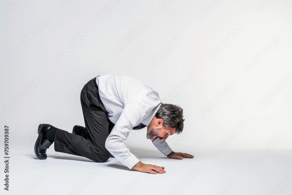 Japanese style togeza, an old businessman crawling on the floor with ...