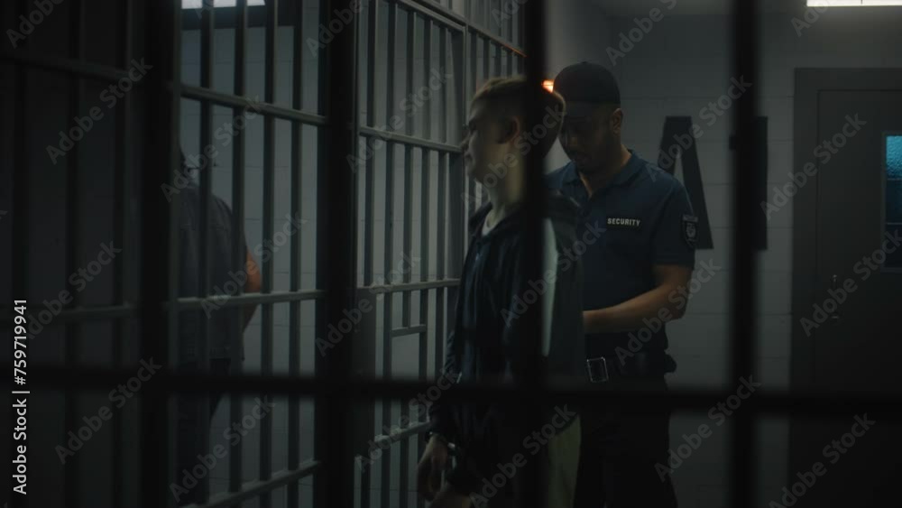 Warden brings new prisoner in jail cell and takes off his handcuffs ...
