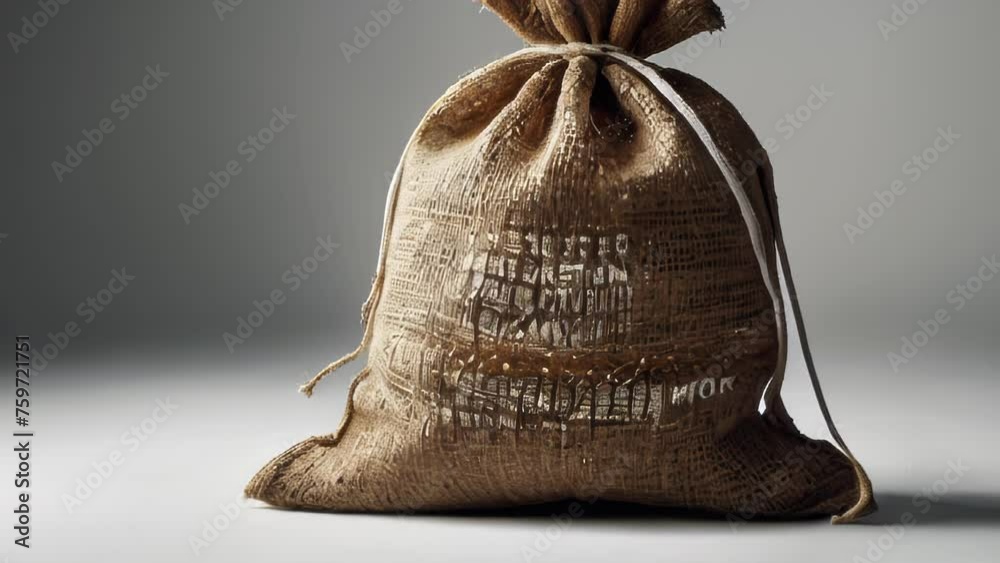 A golden burlap sack exudes a presence with its weight against a simple ...