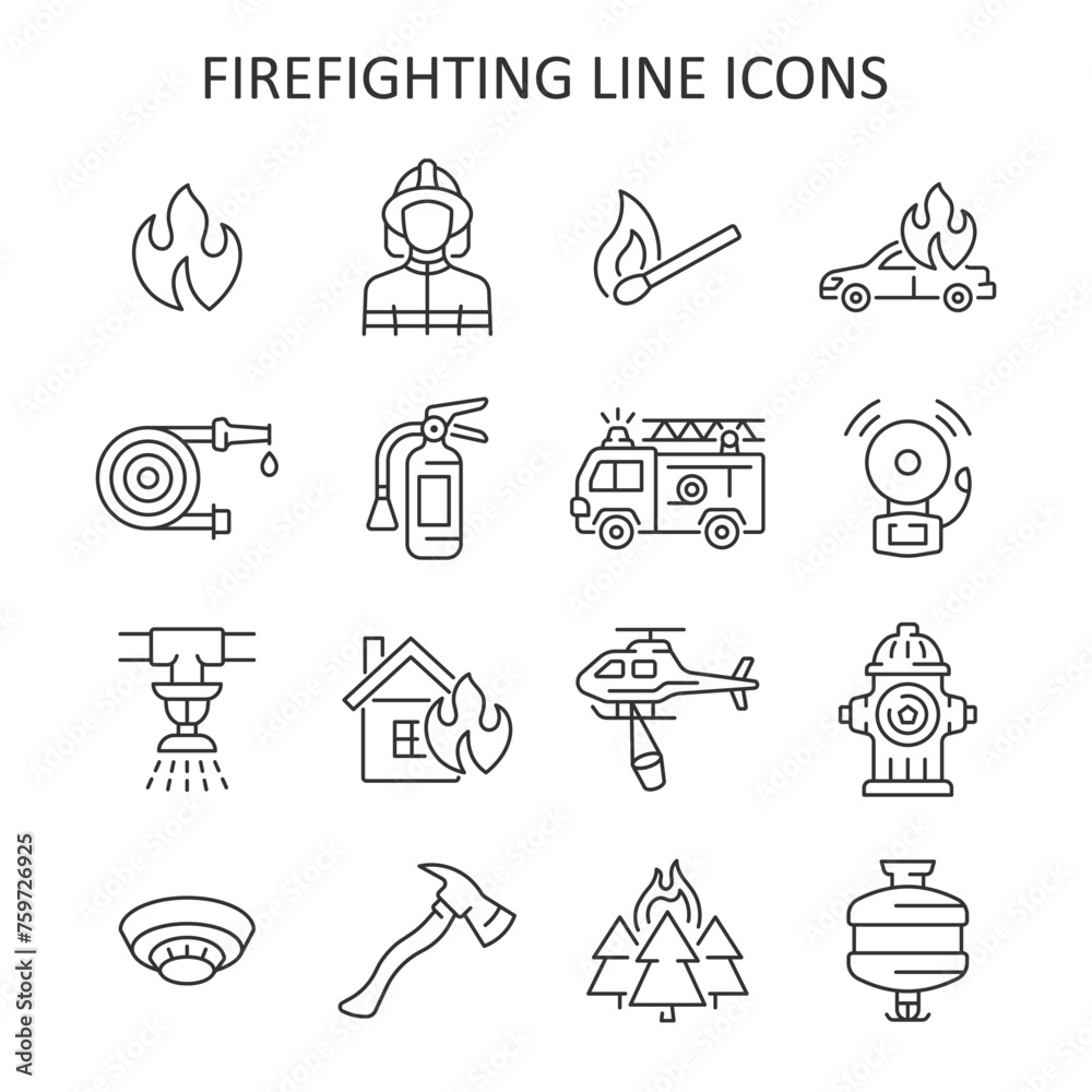 Firefighting line vector icon set. Fire department symbol with fire ...