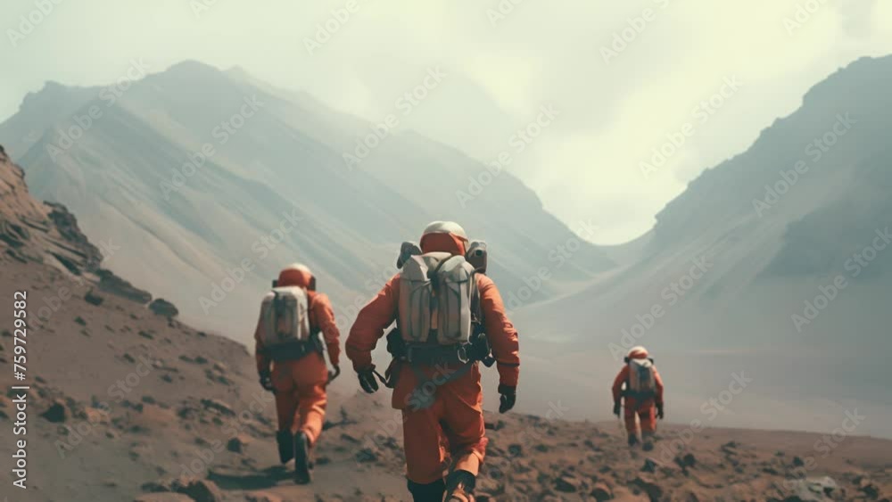 Astronauts in space exploration suits, exploring the planet, Mars ...