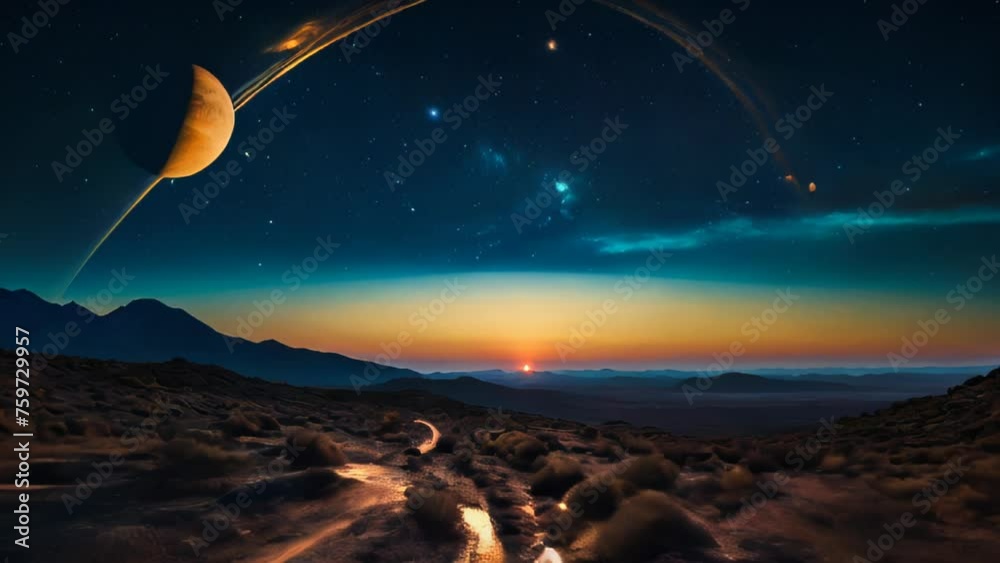 An expansive landscape featuring a star-studded sky with planets and ...