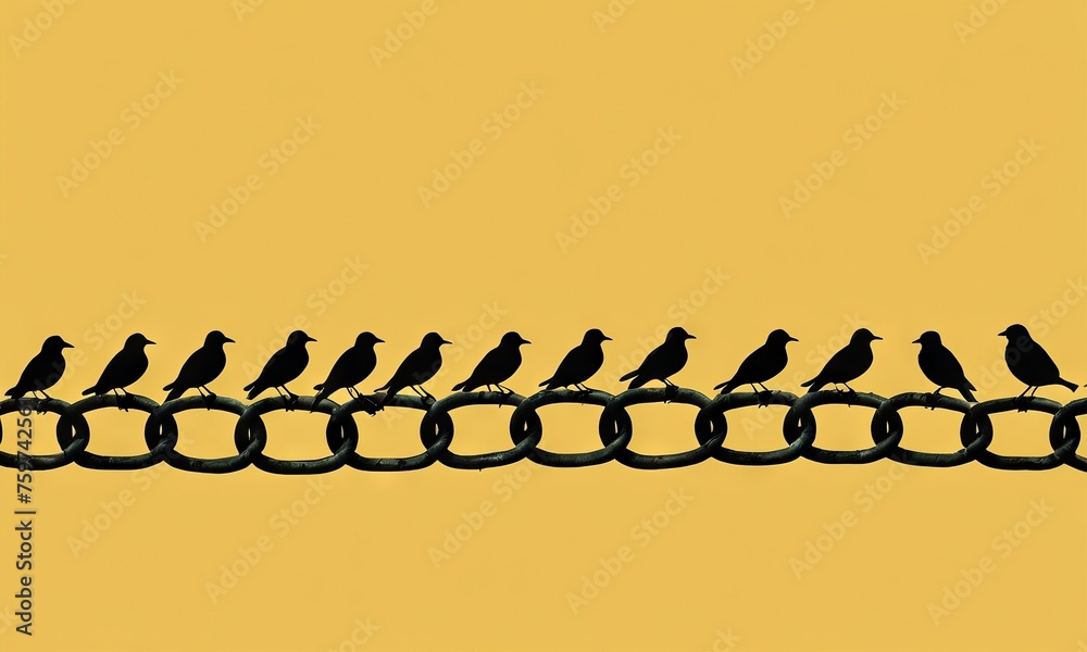 Birds aligned on a chain present a striking silhouette with a ...