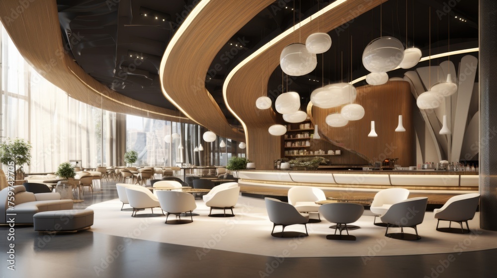 This modern bar lounge boasts a sleek design with a curved wooden ...
