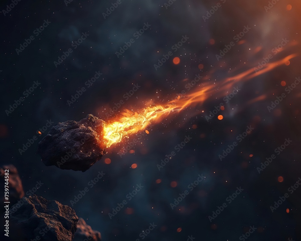 Meteorites burning brightly in the vacuum of space create a striking ...