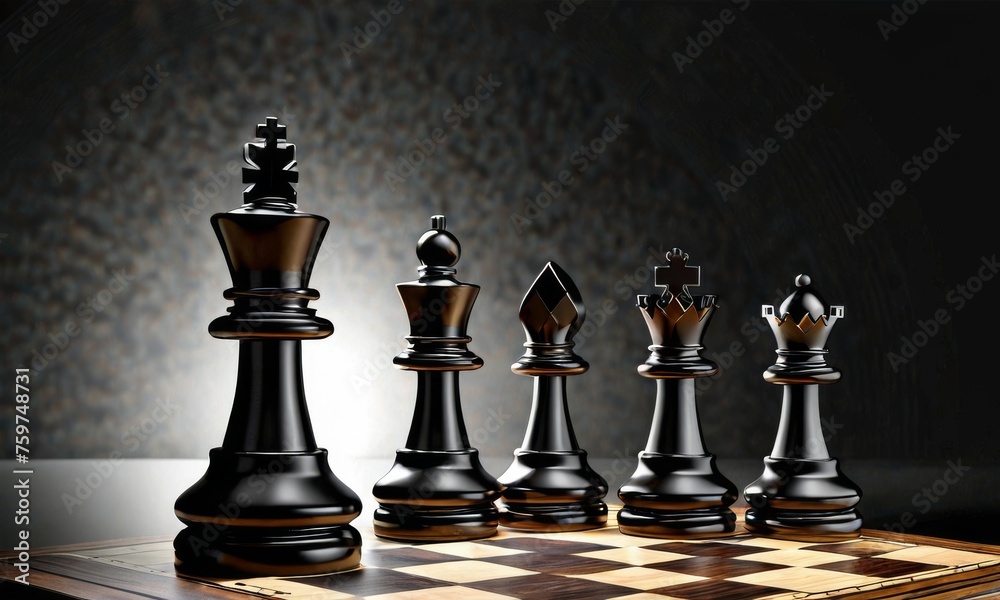 Chess pieces are poised in battle formation, highlighted against a dark ...