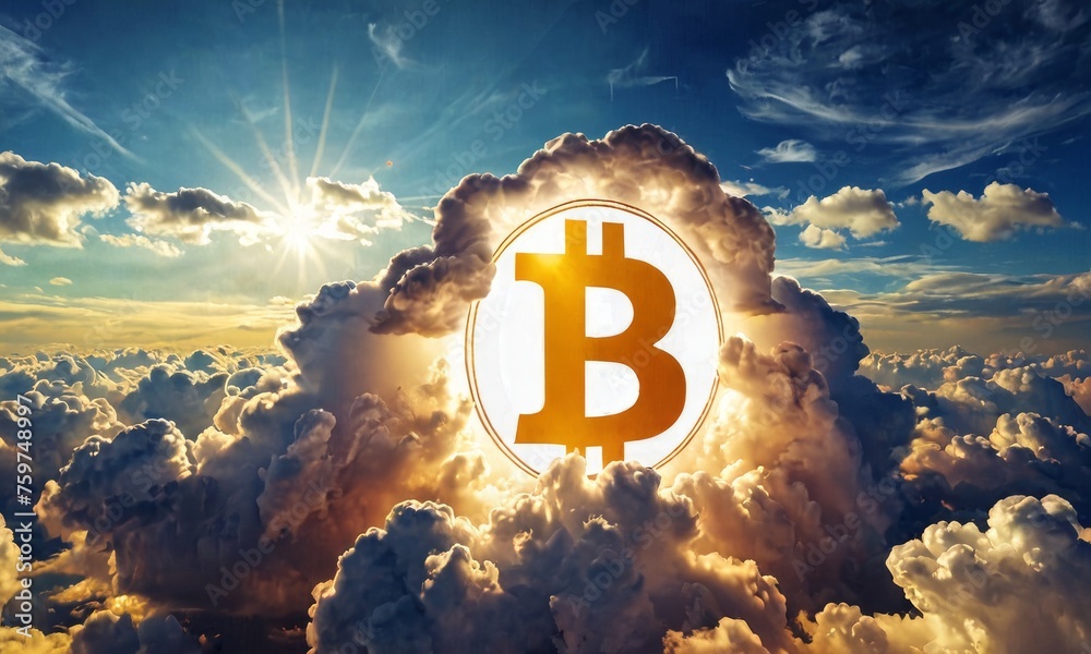 A radiant Bitcoin symbol emerges from the luminous clouds, backlit by ...