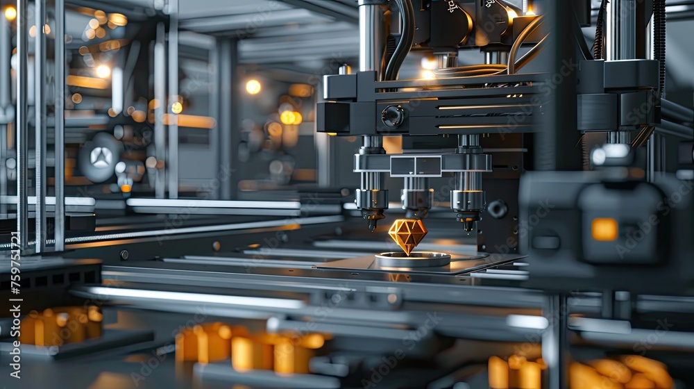 a 3D printer in action, showcasing the intricate details and technical ...