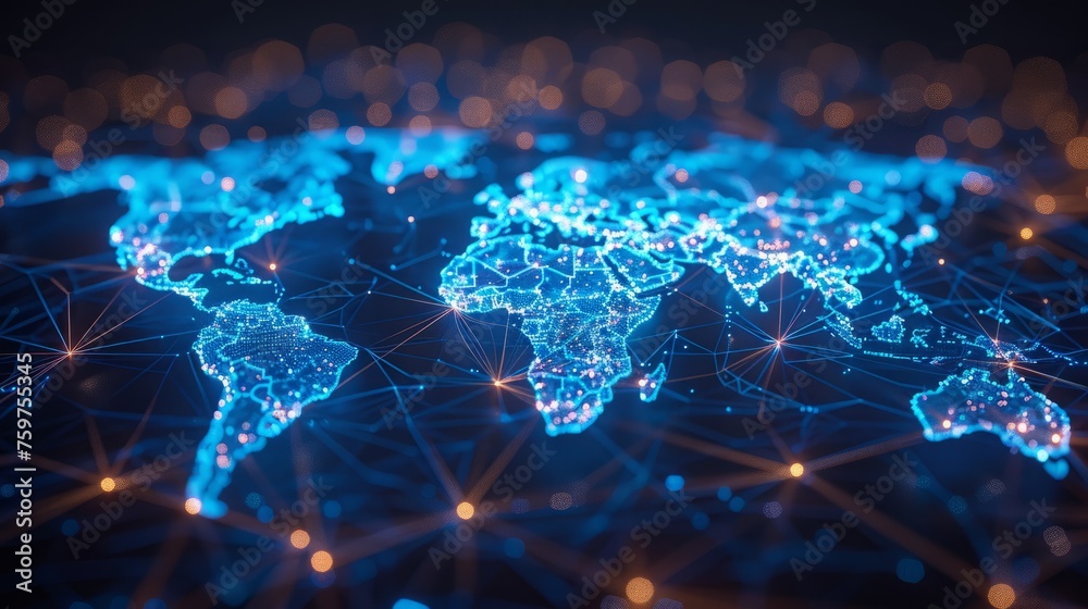 Glowing world map on dark background. Globalization concept ...