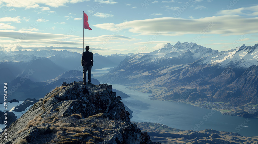 Setting up goals and expectations with businessman eyeing flag on ...