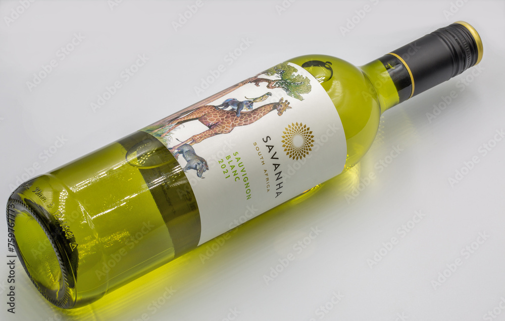 Savanha Sauvignon Blanc South African dry wine bottle closeup. Stock ...