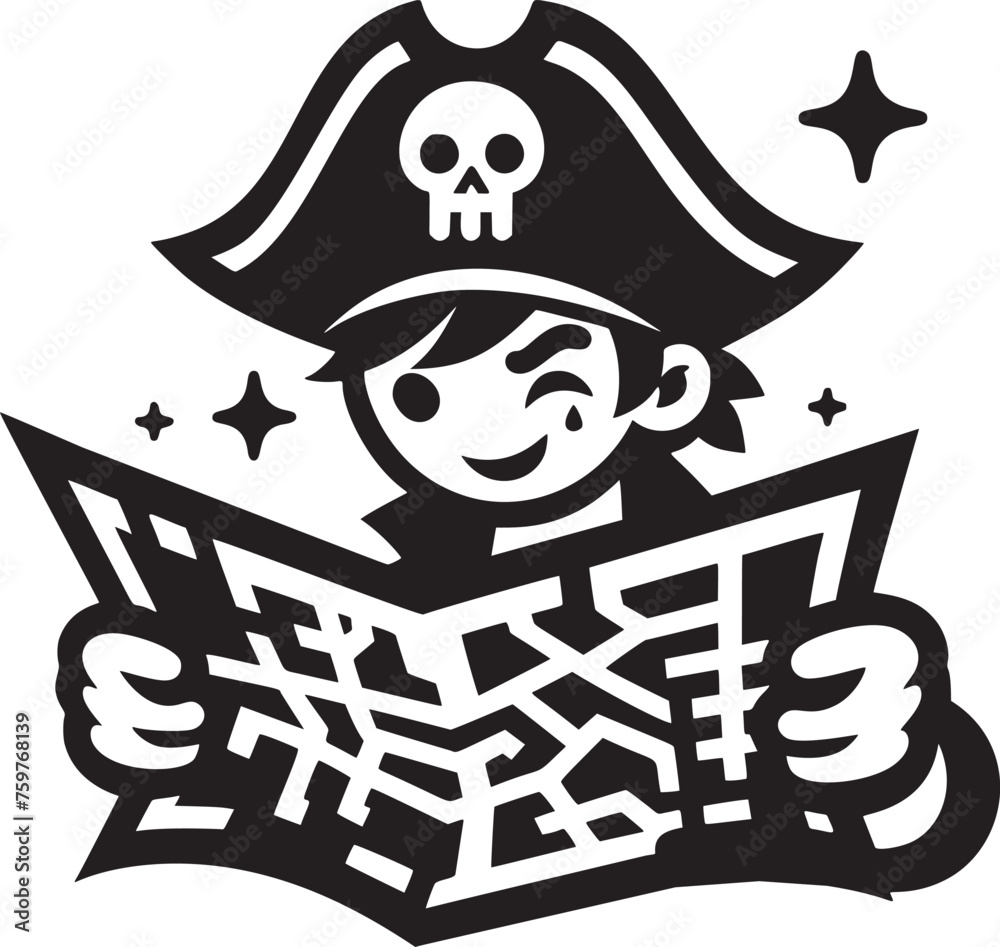 Pirate Holding a Treasure Map in Black and White Vector Illustration ...