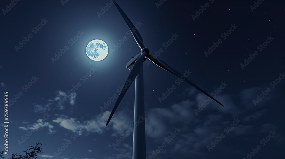 A wind turbine silhouetted against a night sky, full moon illuminating ...