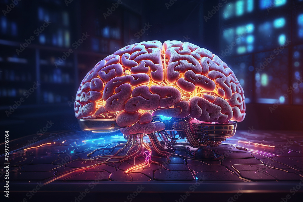 The brain is connected to a large computer through many wires ...