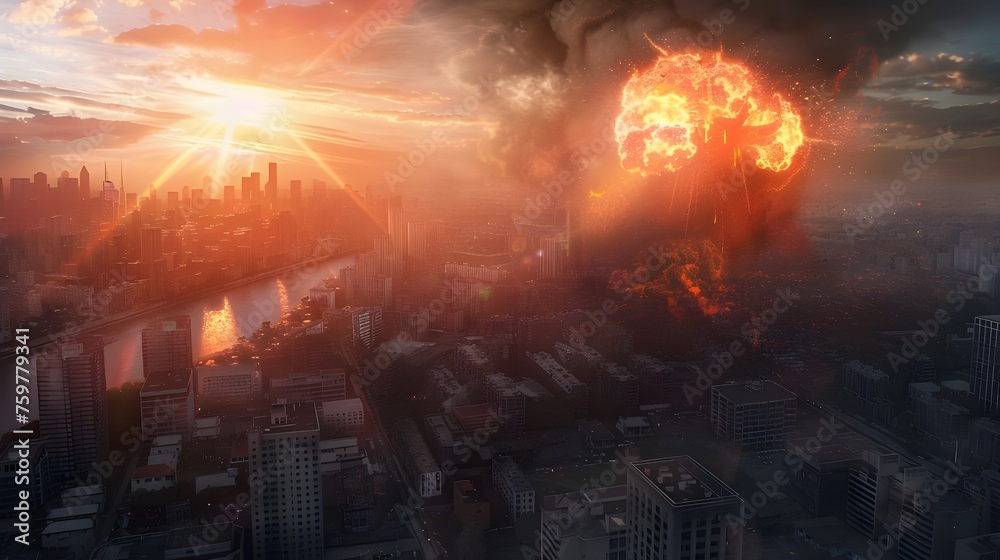 Over the horizon of the destroyed city, the moment of the explosion of ...