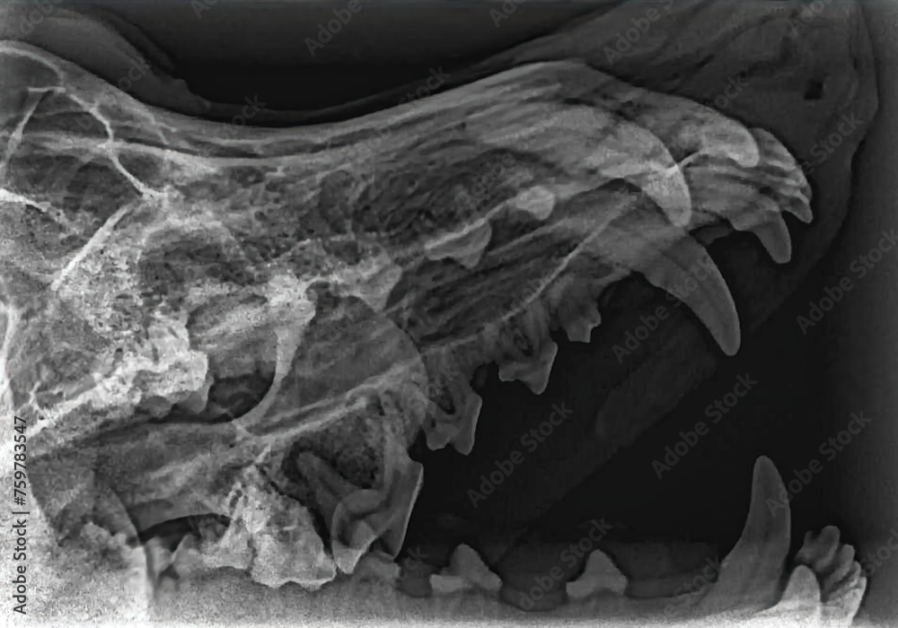 Dental x-ray showing an abscess on a molar root in a dog. Loss of ...