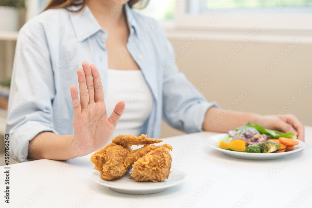 Diet, Dieting asian young woman hand push out, reject fried chicken on ...