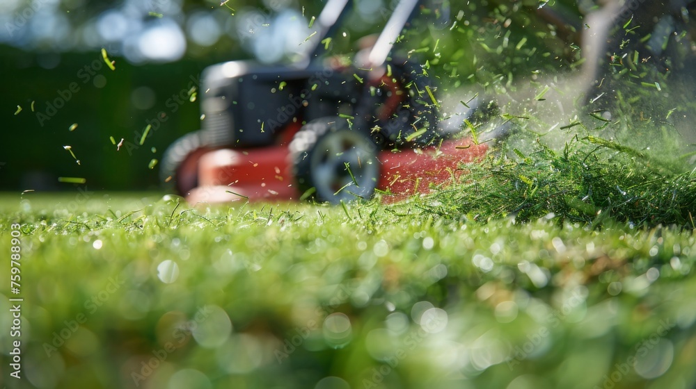 Lawn mower cutting grass, with small grass clippings flying out of the ...