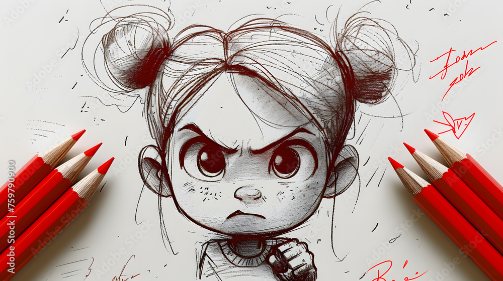A red pencil is drawn on a white paper, and the drawing of an angry ...