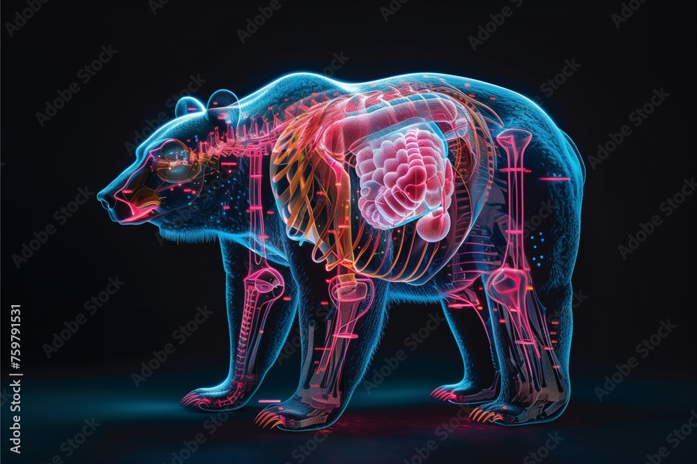 Abstract blue x-ray style image of a bear on a black background ...