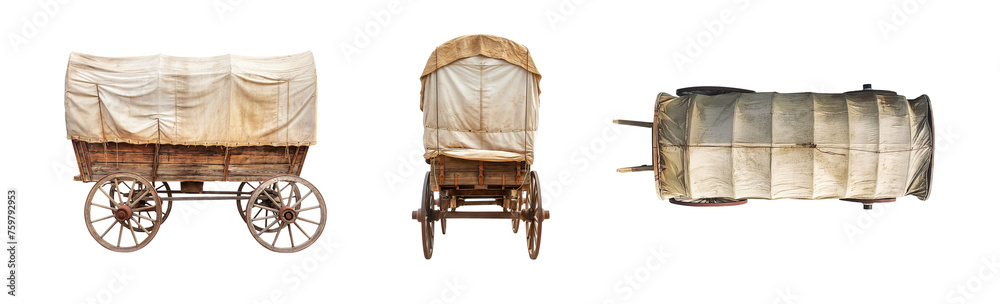 Covered wagon. Pioneer wagon from the 18th and 19th century. Various ...