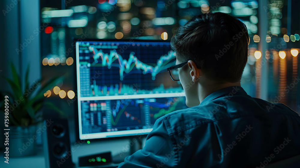 Back view of trader focus on monitor screen stock or currency chart ...