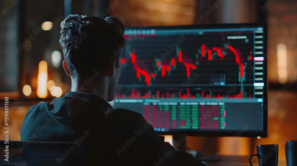 Back view of trader focus on monitor screen stock or currency chart ...