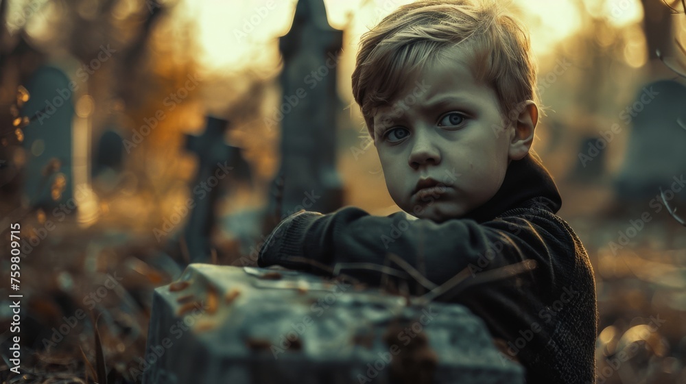 Sad child at a gravestone in a cemetery near a monument. Concept: grief ...