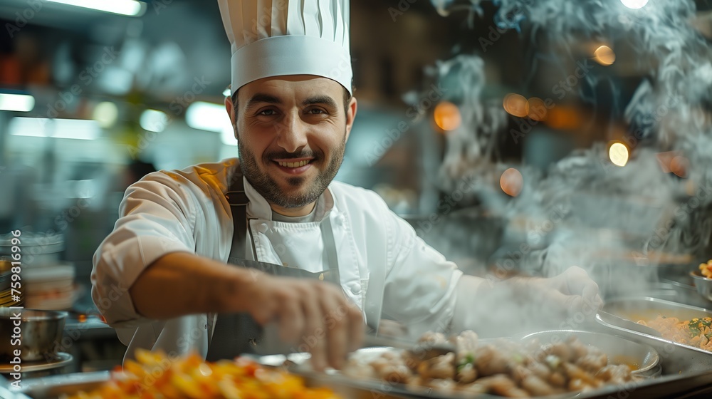Smiling Chef Presenting Dish in Steamy Kitchen. Chef in white uniform ...