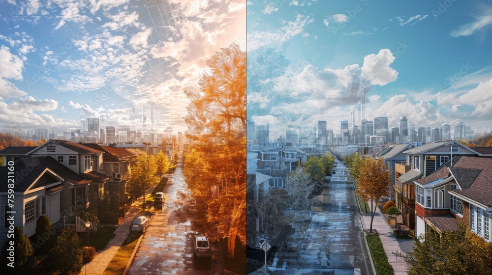 A split-screen image showcasing a real-life view of a neighborhood ...