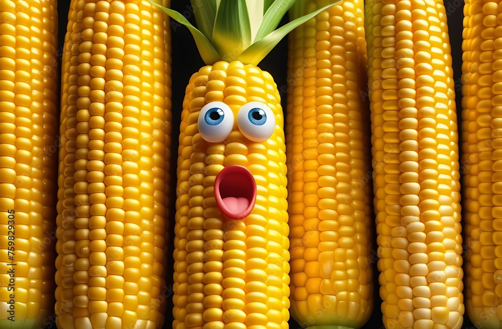 Cartoon corn with surprised face, with big eyes and an open mouth on ...