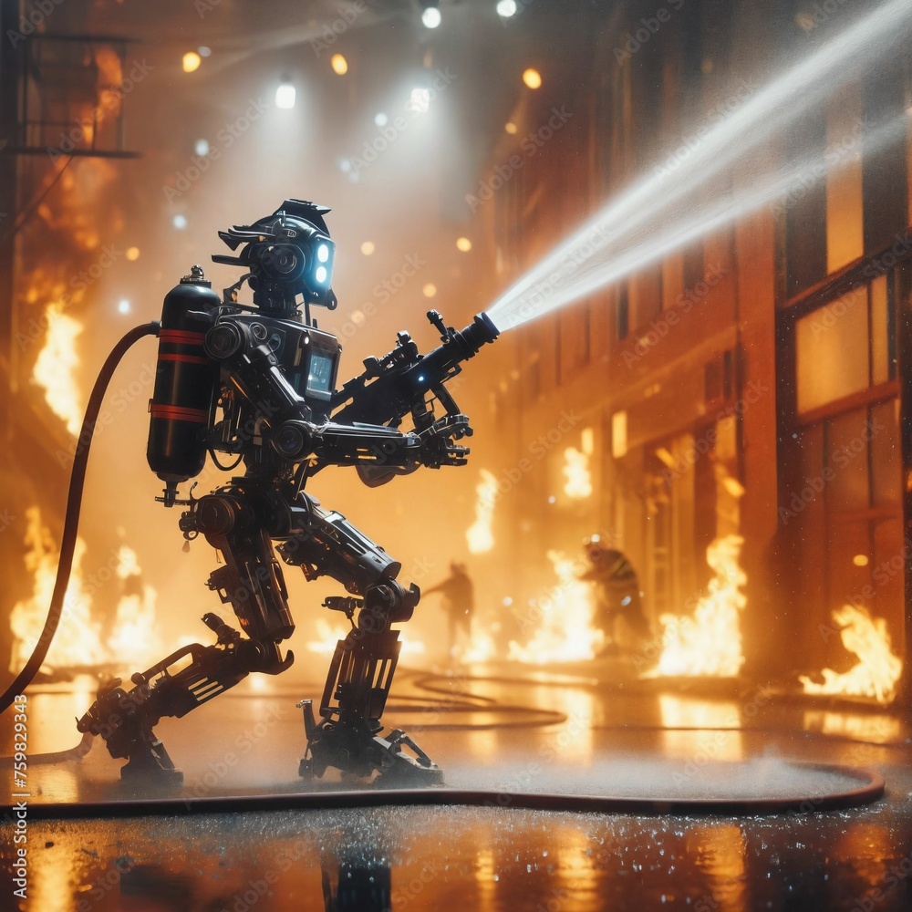 Humanoid robot firefighter extinguishing flames and fires with water ...