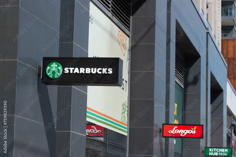 exterior projecting signs for Starbucks, a coffee shop chain, Longos, a ...