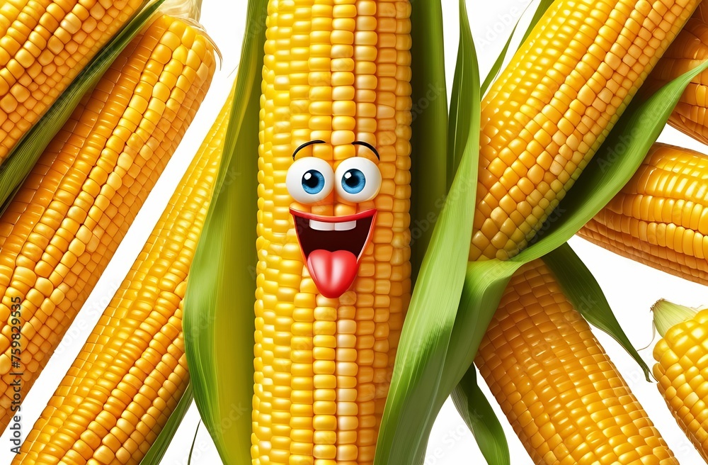 Cartoon cheerful corn with big eyes, shows tongue on white background ...