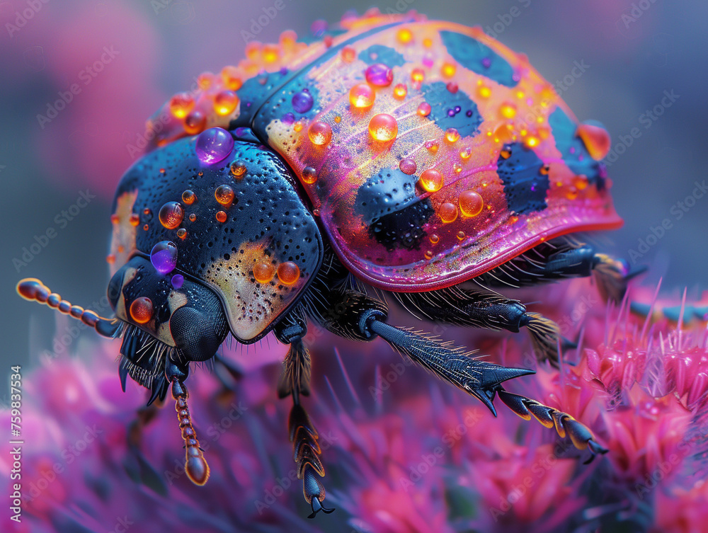 Tiny deity perched on vibrant ladybug, its wings mimic cosmic nebulae ...